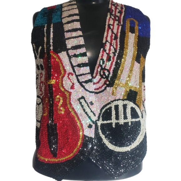 Jackets & Coats | Colorful Sequin Vest Musical Notes Violin Trombone ...